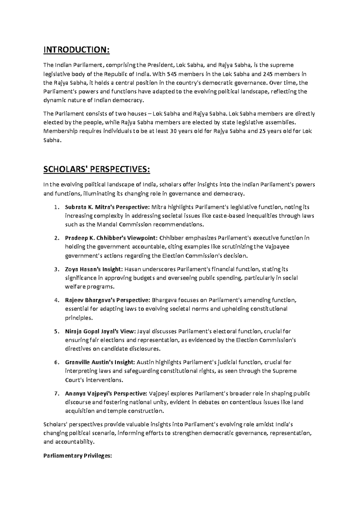 Final pol test - INTRODUCTION: The Indian Parliament, comprising the ...