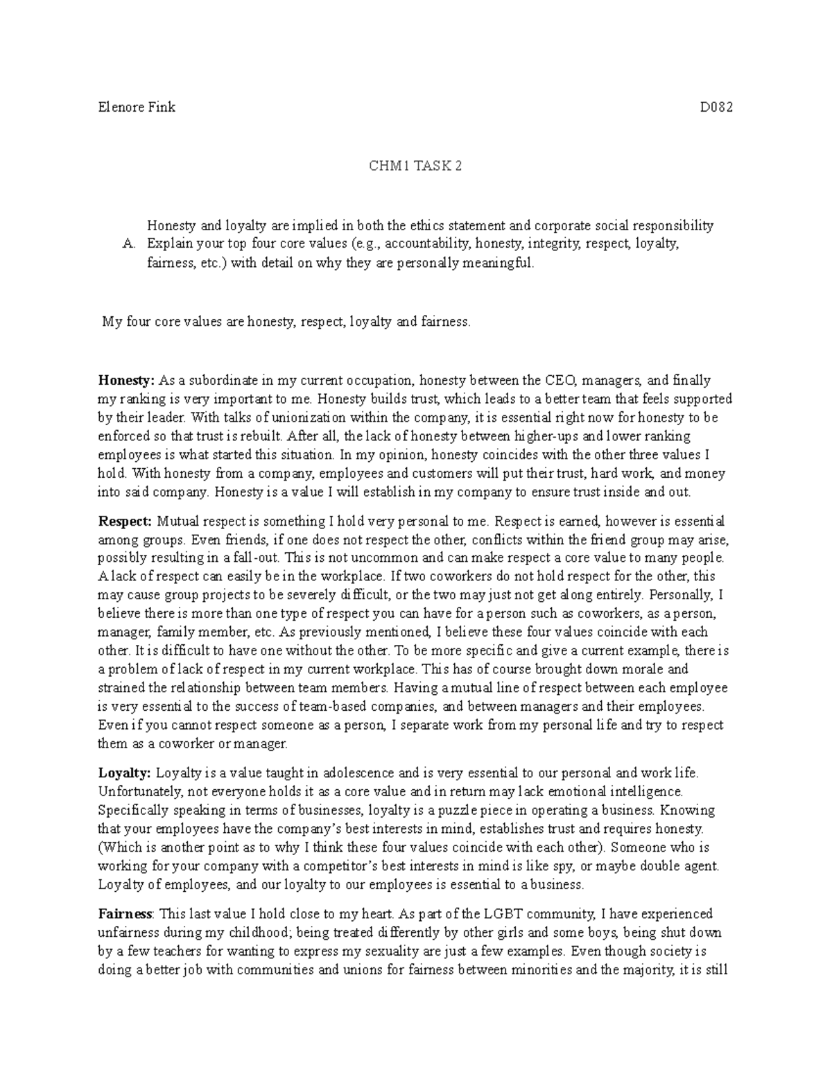 CHM1 TASK2-PASSED - Elenore Fink D CHM1 TASK 2 Honesty and loyalty are ...
