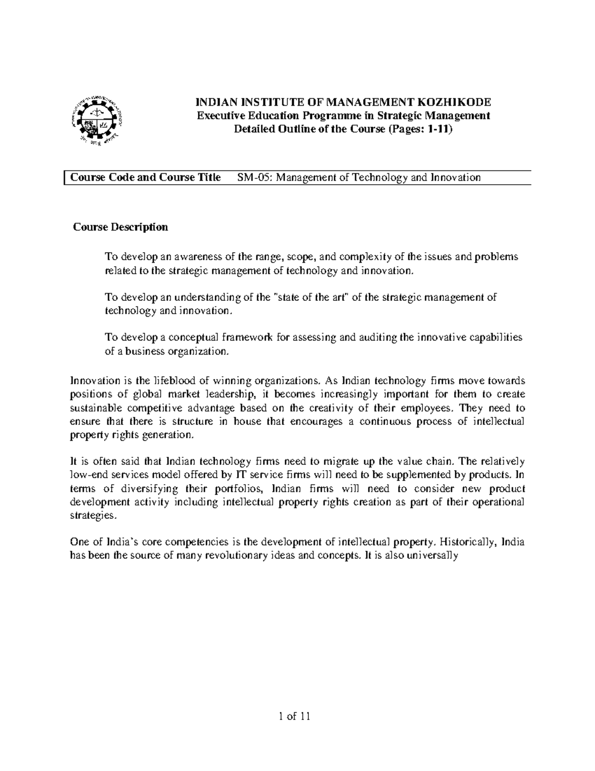 Management of Technology innovation - Course Description INDIAN ...