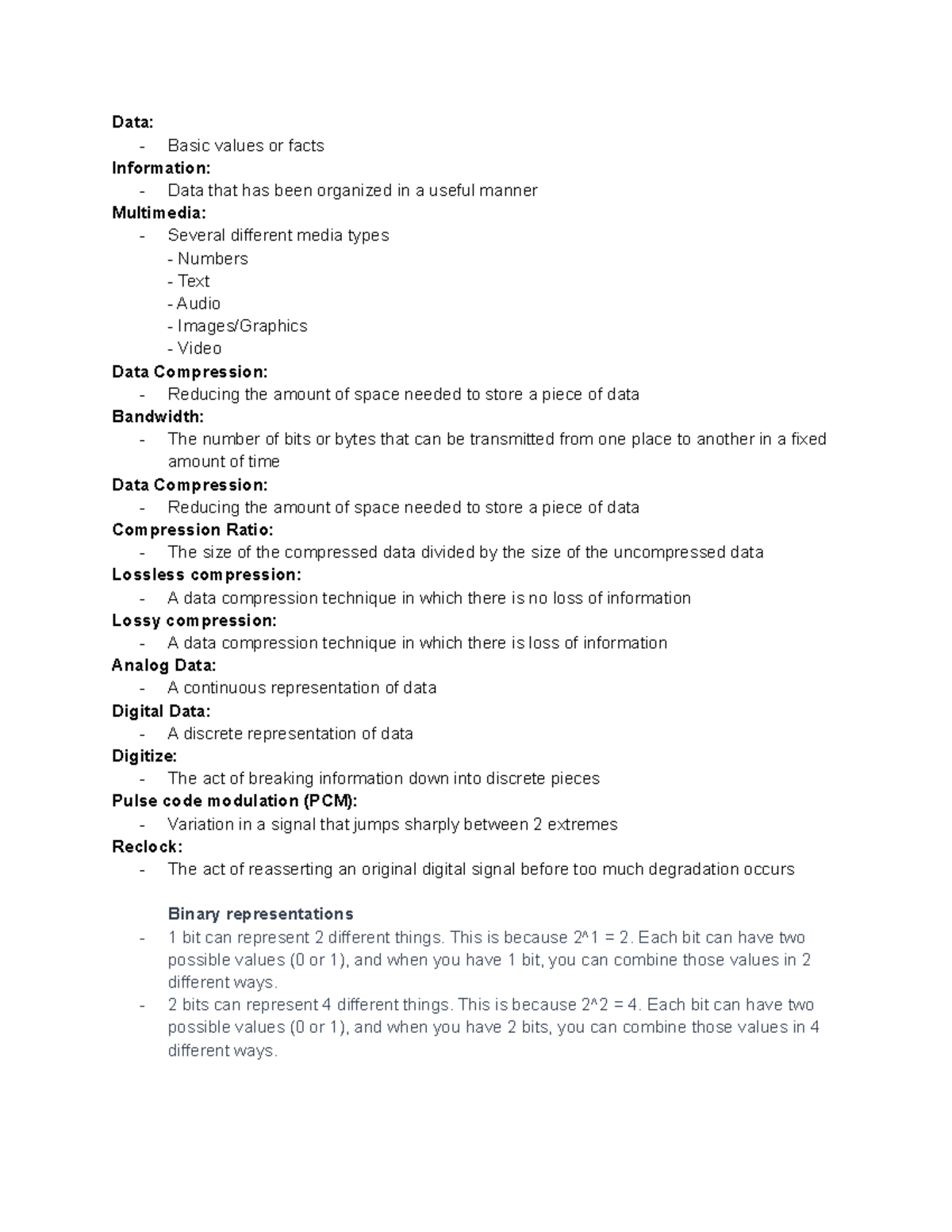 Data Representation - formula sheet - Data: - Basic values or facts Information: - Data that has ...