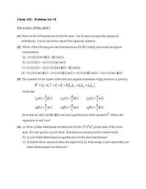 Physical Chemistry II - Homework, Problem Set 2 And Solutions - Chem 332: Problem Set Due in ...