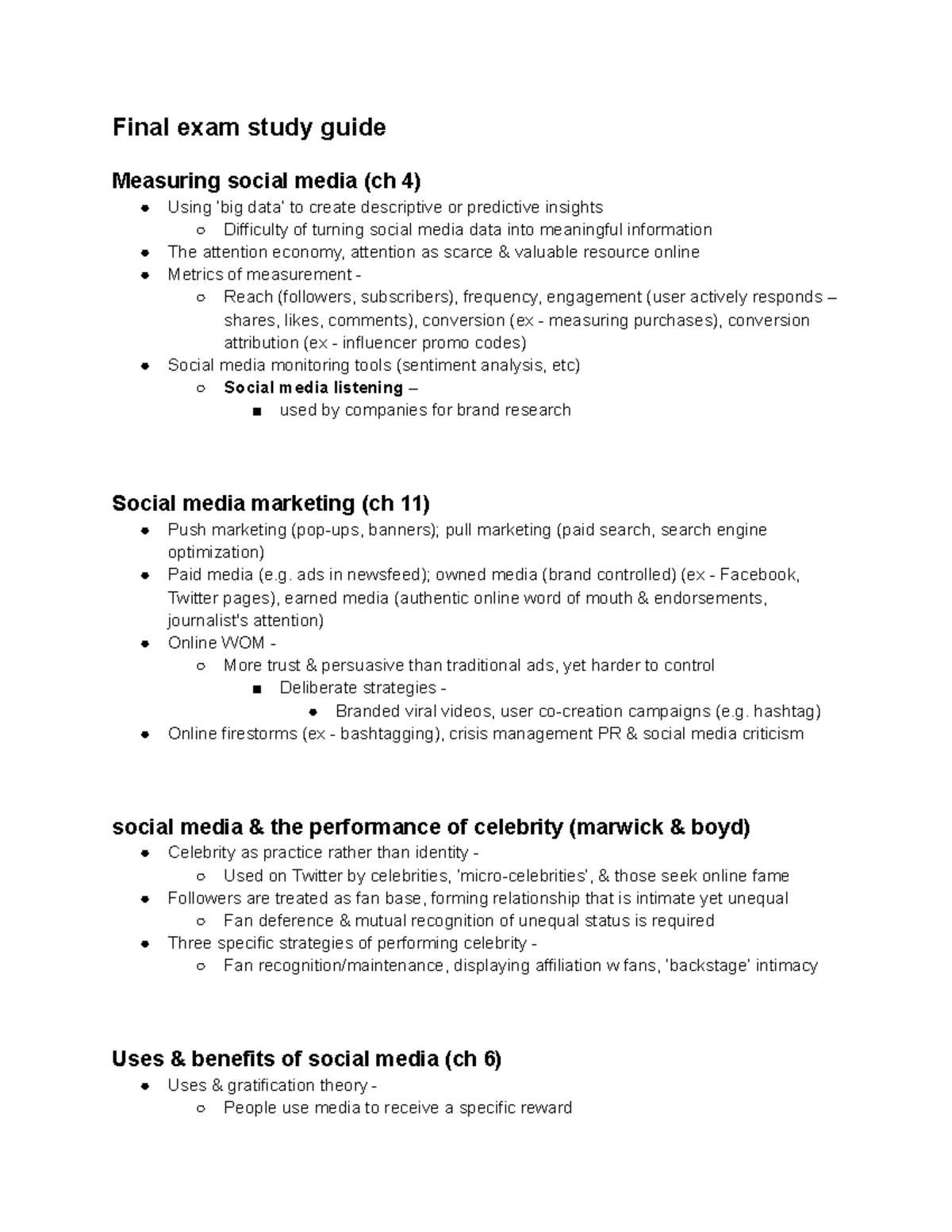 Final exam study guide - Final exam study guide Measuring social media ...
