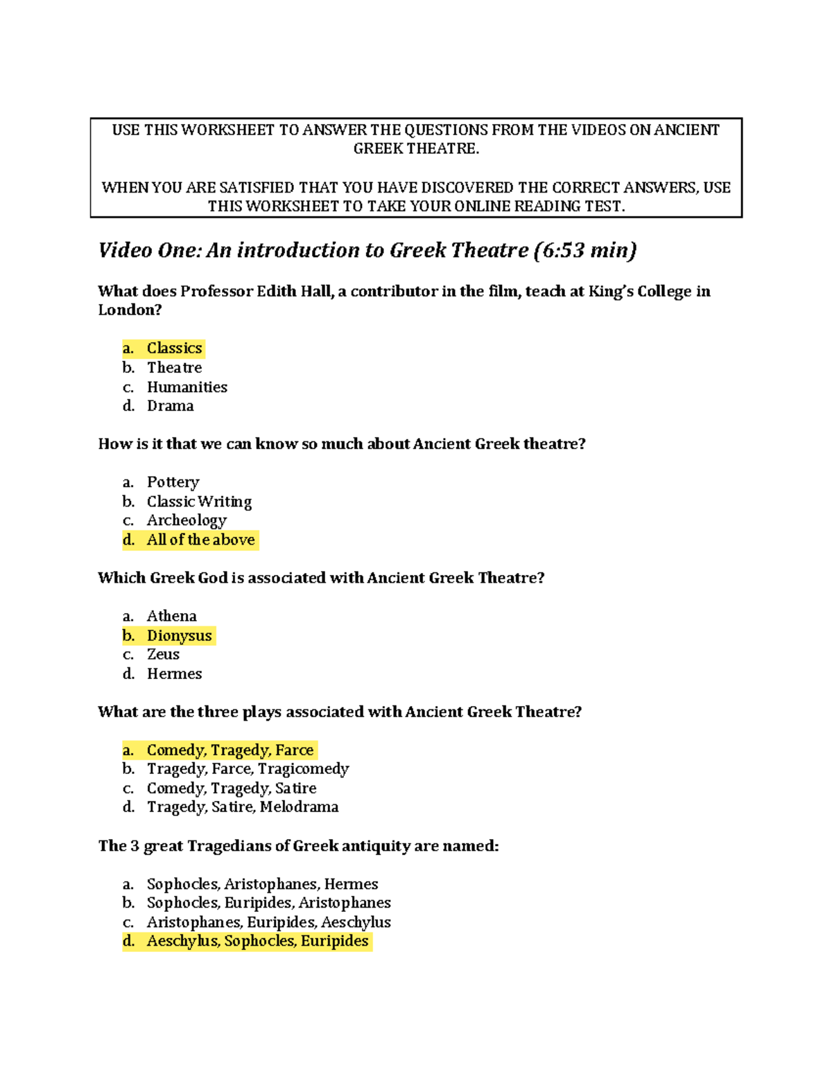 Ancient Greek Theatre Videos Worksheet-1 - USE THIS WORKSHEET TO ANSWER ...