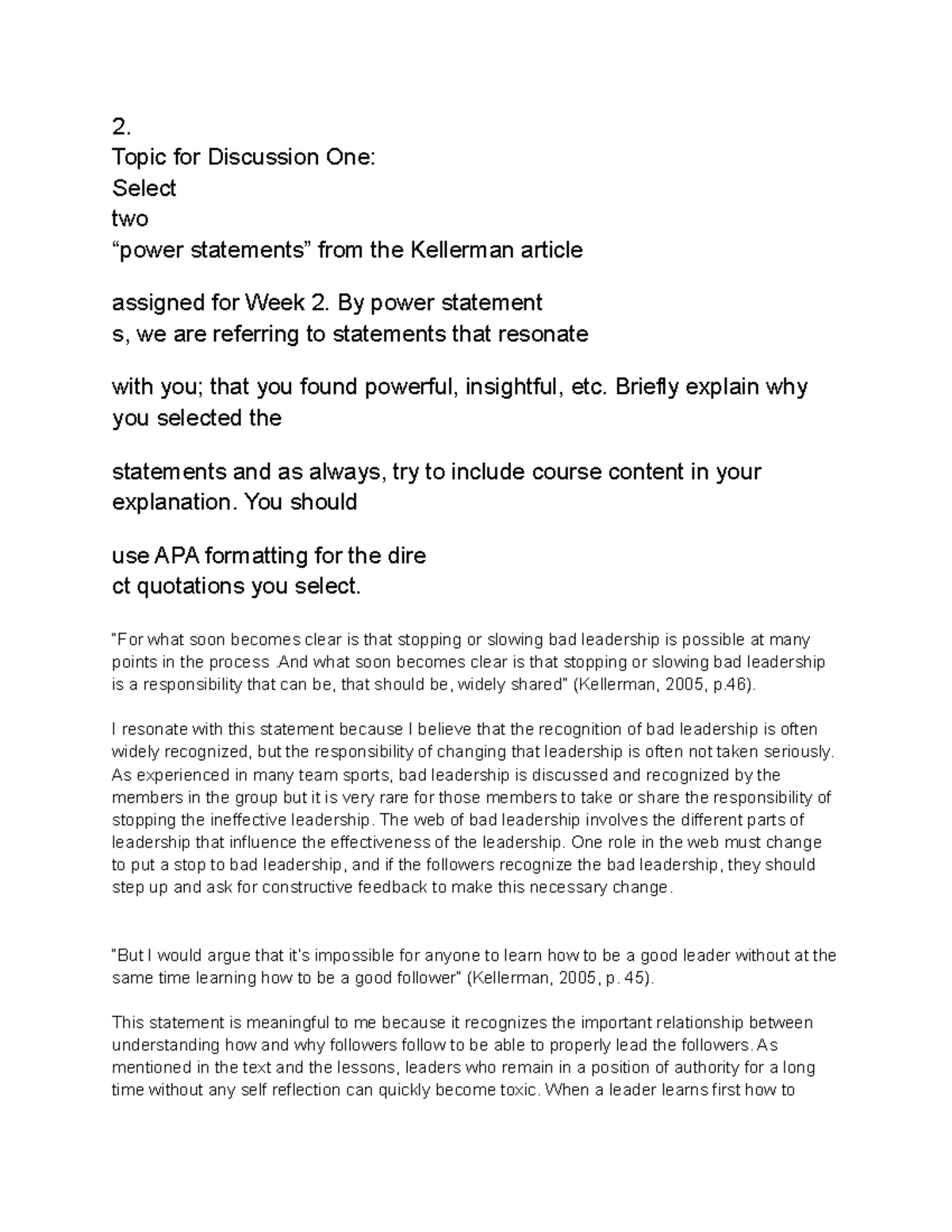 Discussion 1 - 2. Topic for Discussion One: Select two “power ...