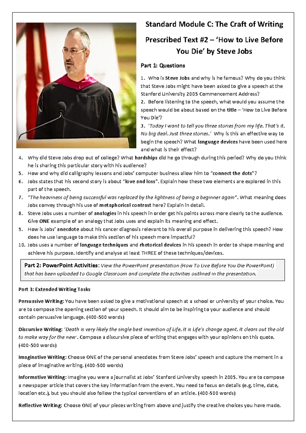 How to Live Before You Die Questions - Standard Module C: The Craft of ...