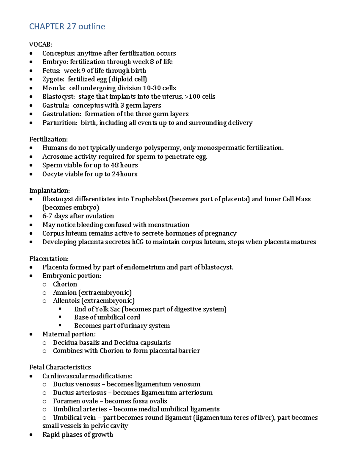 Chapter 27 outline - notes - CHAPTER 27 outline VOCAB: Conceptus ...