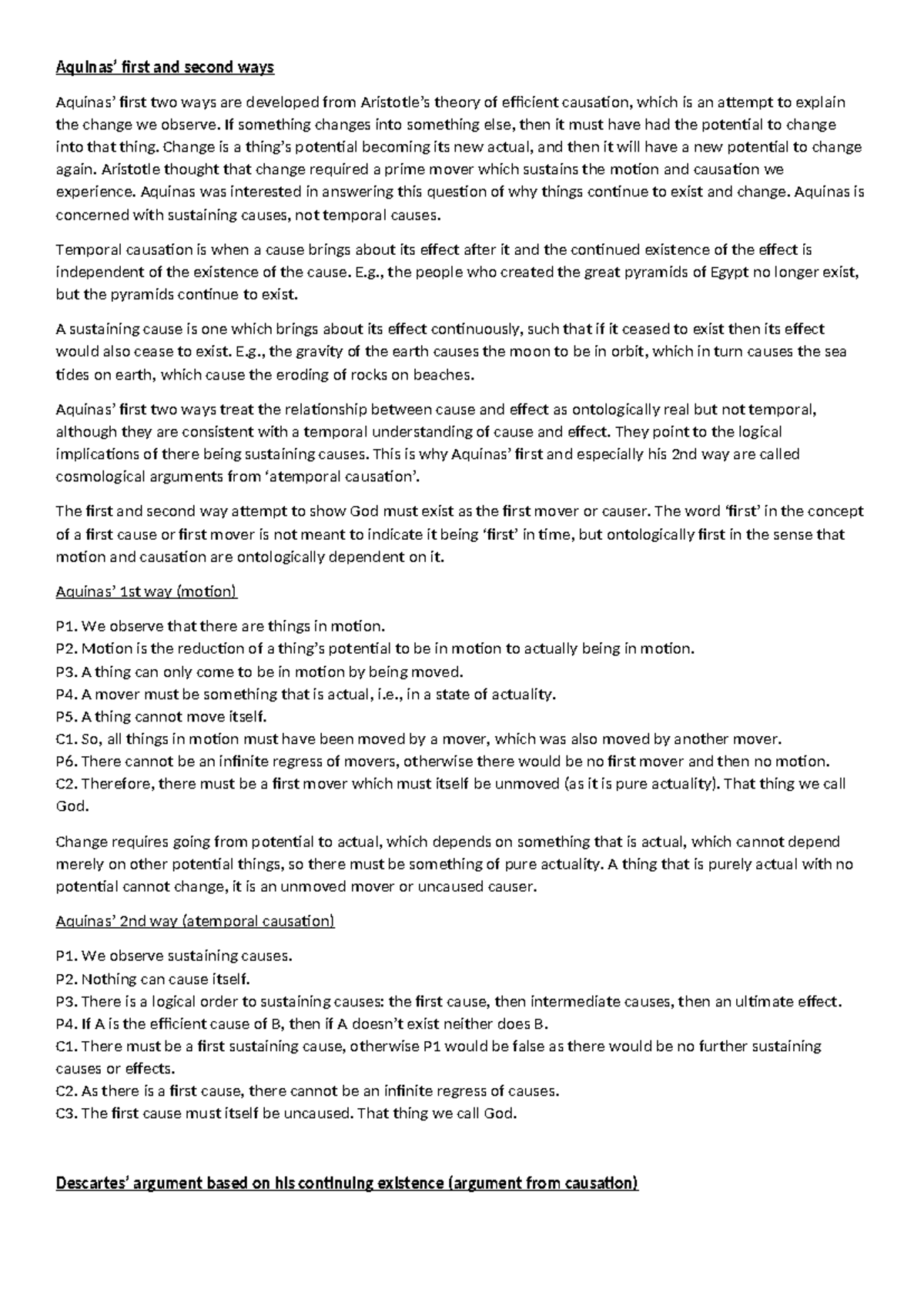 Further Notes - Cosmological Arguments - Aquinas’ first and second ways ...