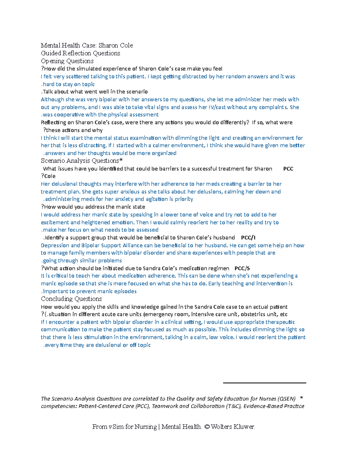 Sharon cole vsim - Mental Health Case: Sharon Cole Guided Reflection ...
