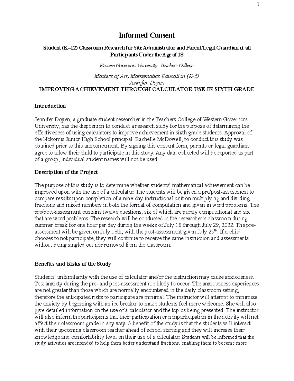 Doyen Jennifer Informed Consent Children - 1 Informed Consent Student ...