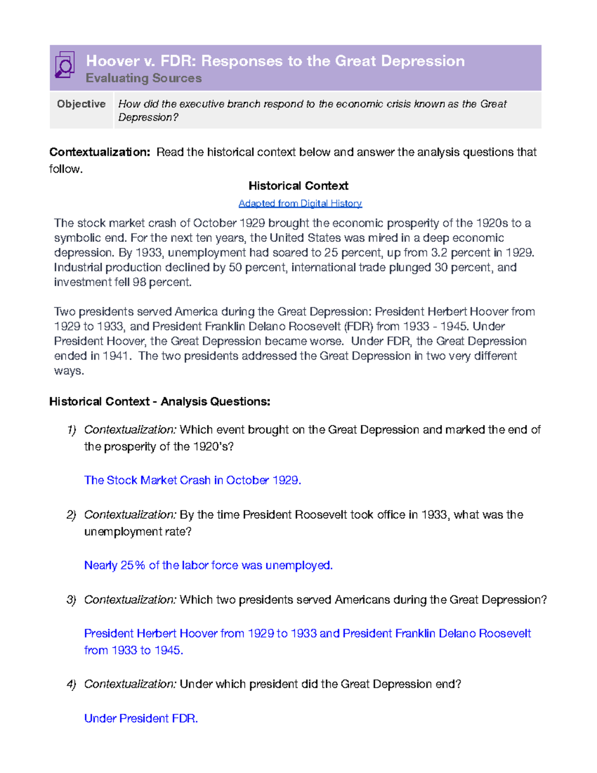 Copy of Copy of Ch 24 Hoover v. FDR - Hoover v. FDR: Responses to the ...