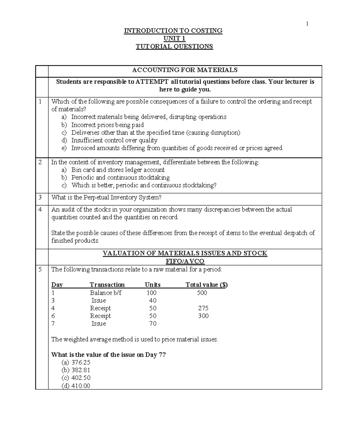 Unit 1 - Tutorial Questions 2024-25 copy - INTRODUCTION TO COSTING UNIT 1 TUTORIAL QUESTIONS ...
