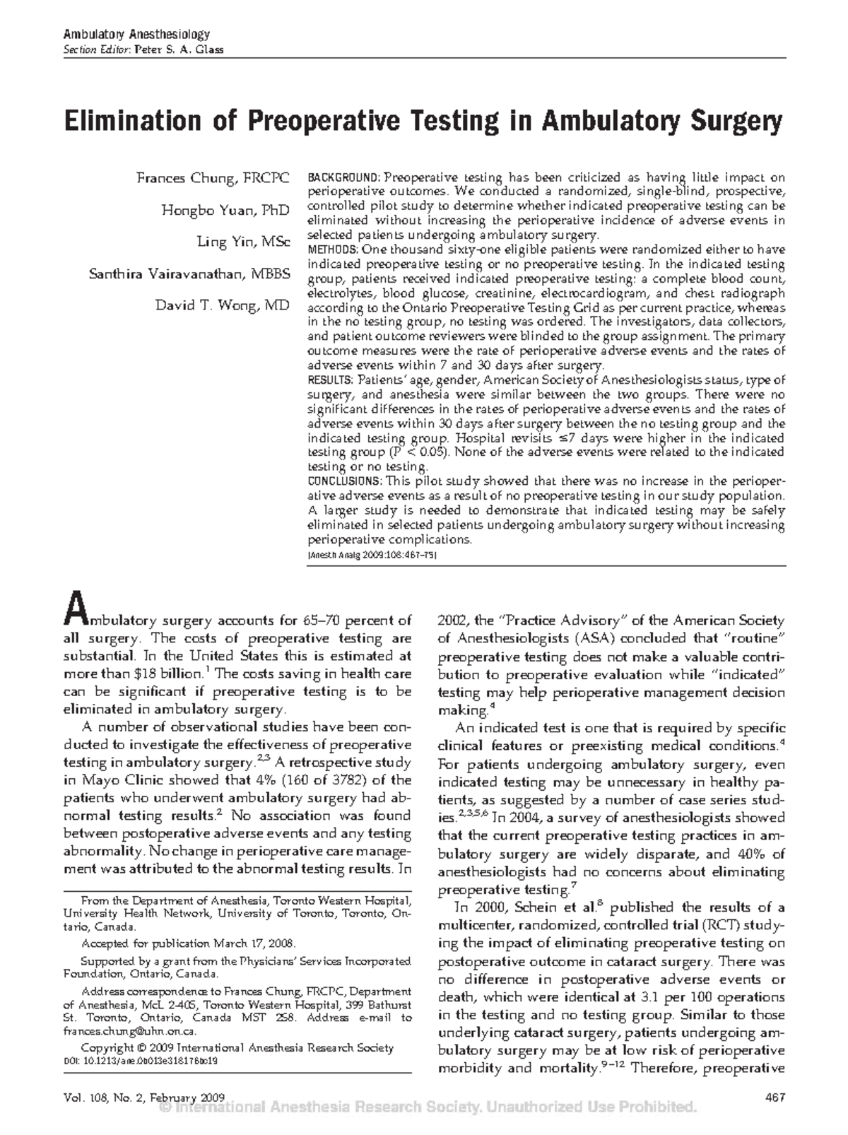 Elimination of Preoperative Testing in Ambulatory Surgery - Ambulatory ...