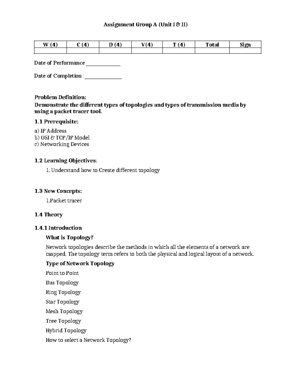 2. Assig 2 - topology - .... - Assignment Group A (Unit I & II) W (4) C ...