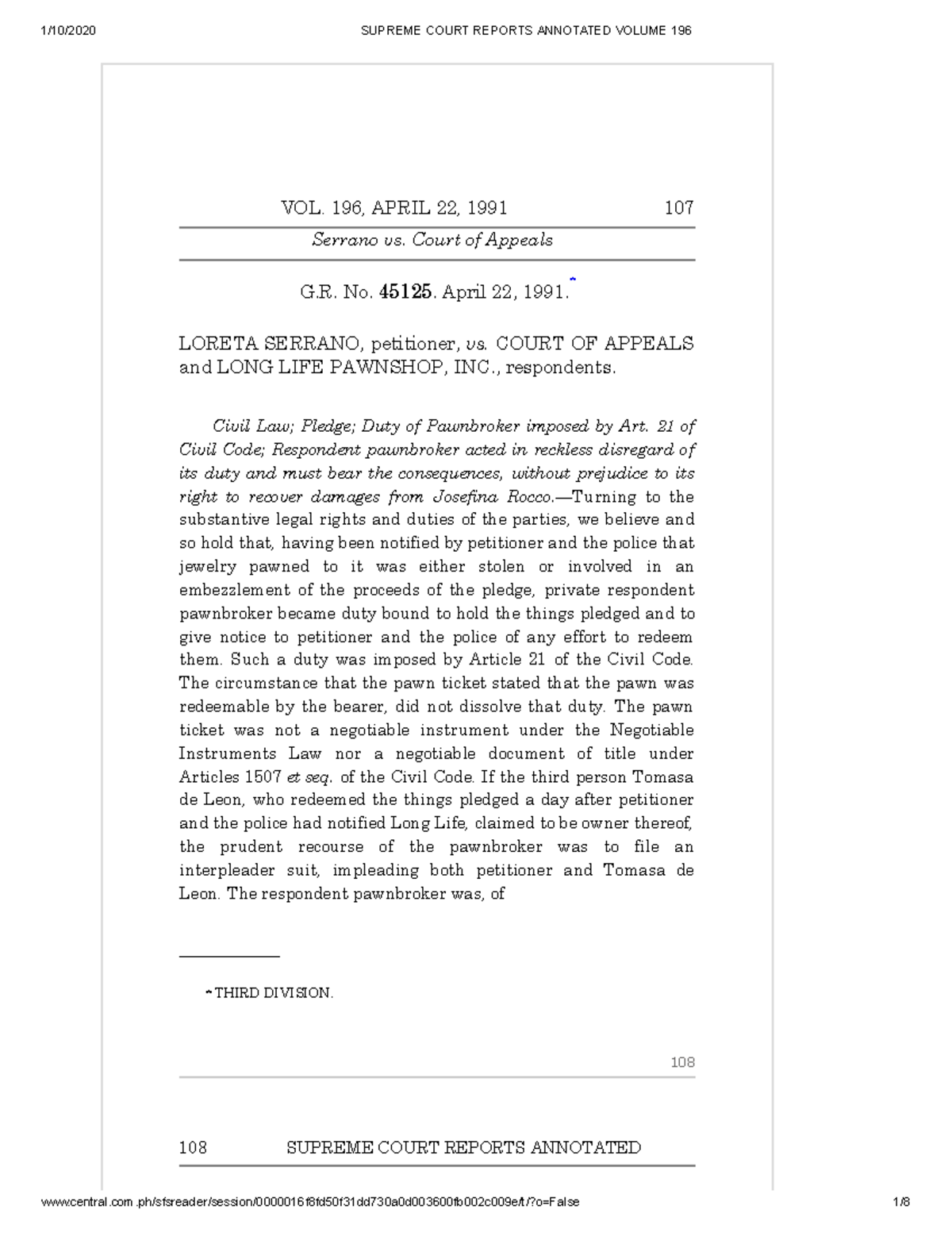 1 - Case Digest - Serrano vs CA - VOL. 196, APRIL 22, 1991 107 Serrano ...