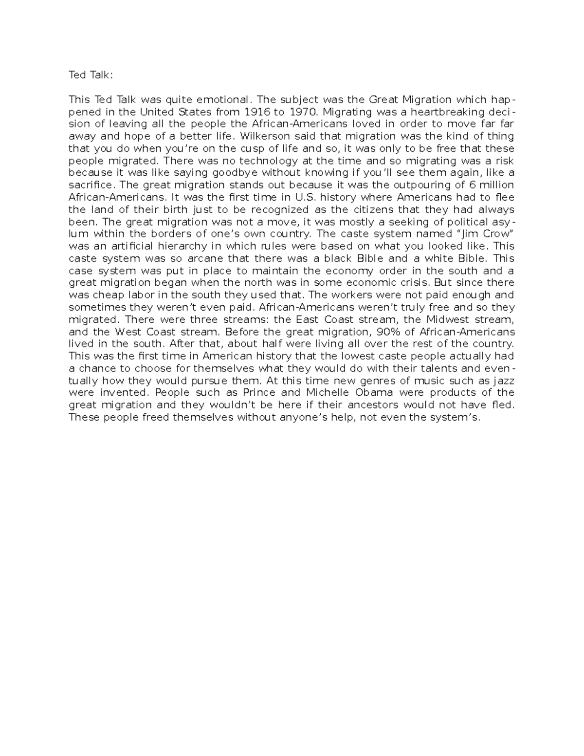 Great migration - Ted Talk: This Ted Talk was quite emotional. The ...