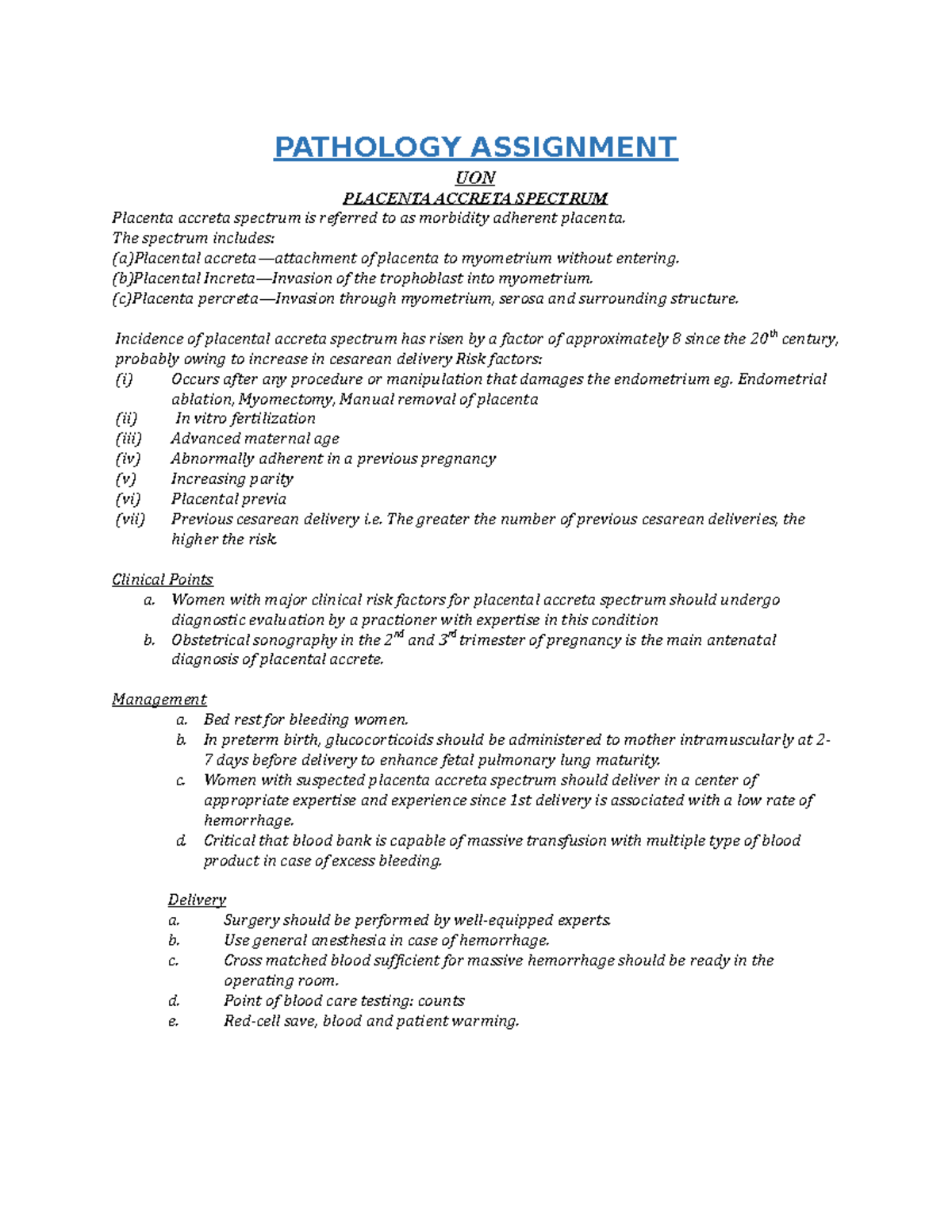 Pathology Assignment - Placental Accreta spectrum - PATHOLOGY ASSIGNMENT UON PLACENTA ACCRETA ...