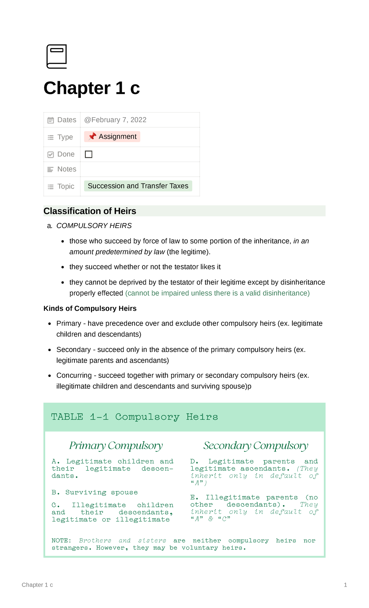 Classification of Heirs and Disinheritance - Chapter 1 c Dates Type 📌 ...