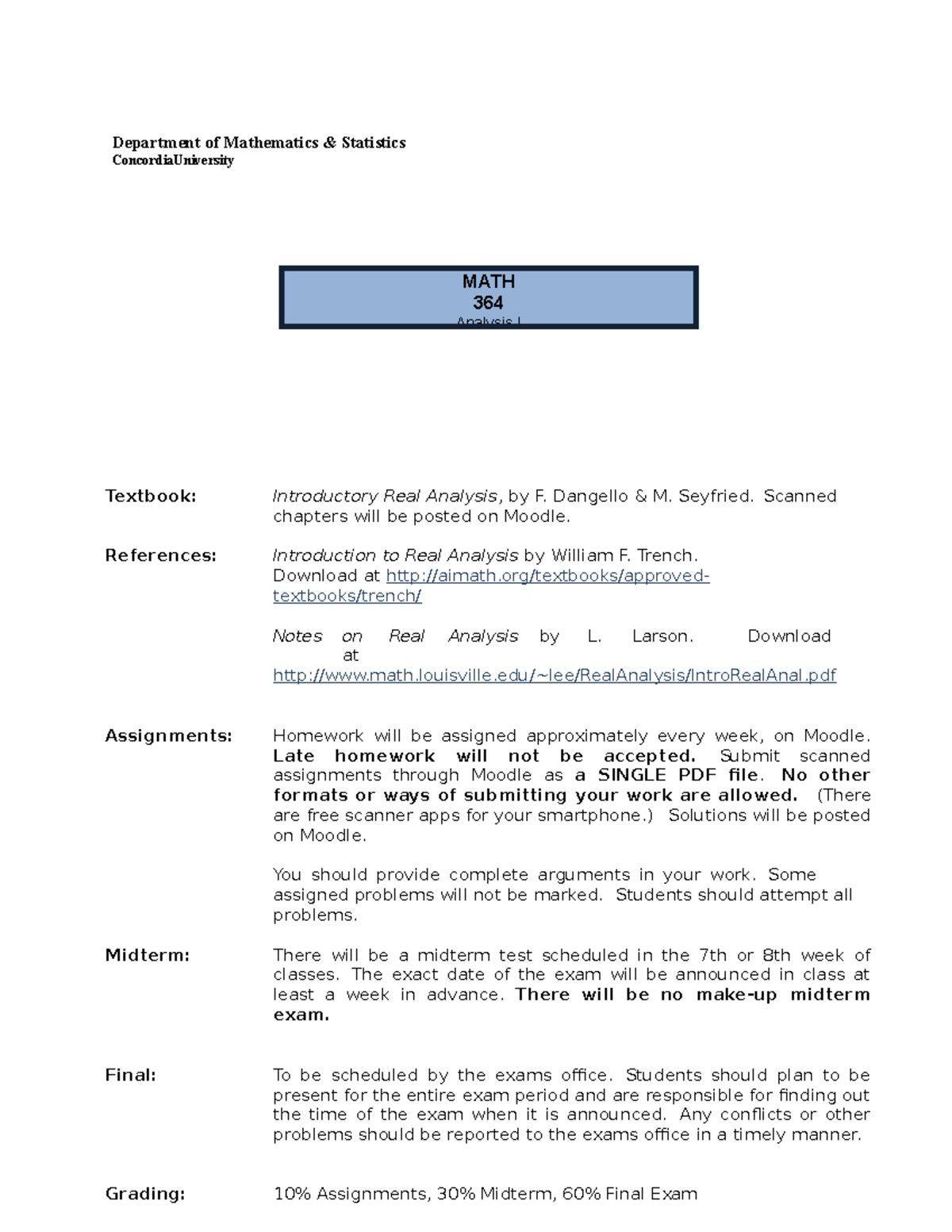 MATH364 -general - Department of Mathematics & Statistics ConcordiaUniversity Textbook: - Studocu