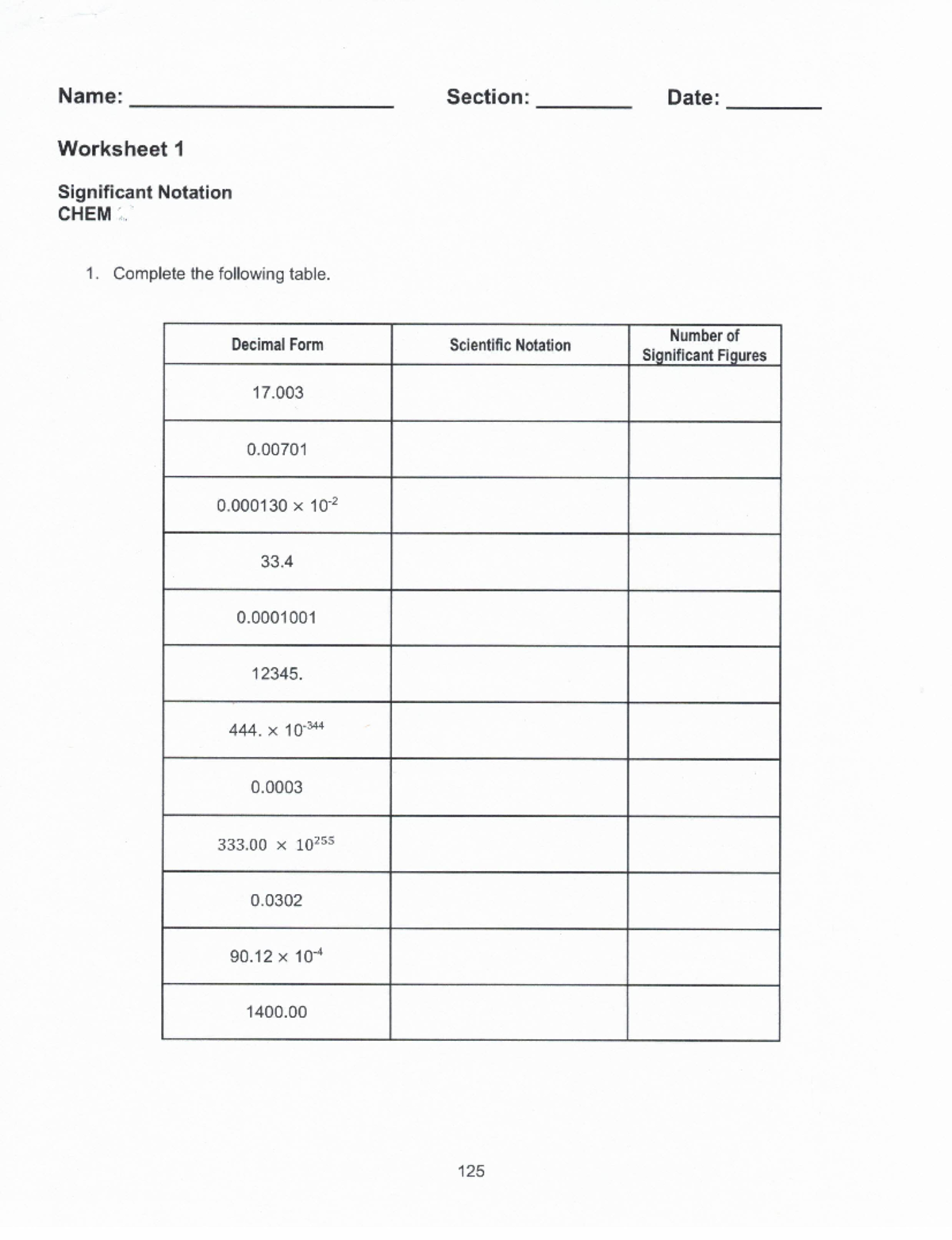 Worksheet 1 Scientific Notation CCF 000232 - CHEM 3I - Studocu