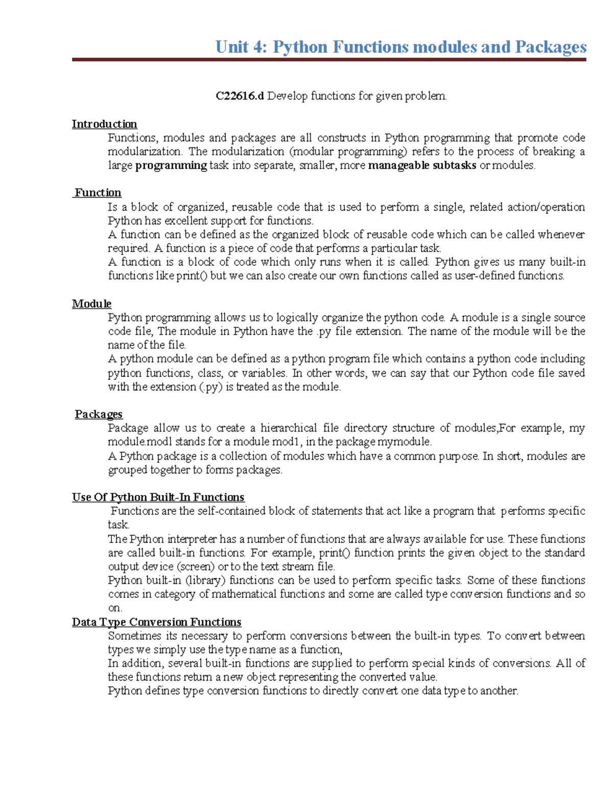 Unit4 - C22616 Develop functions for given problem. Introduction ...