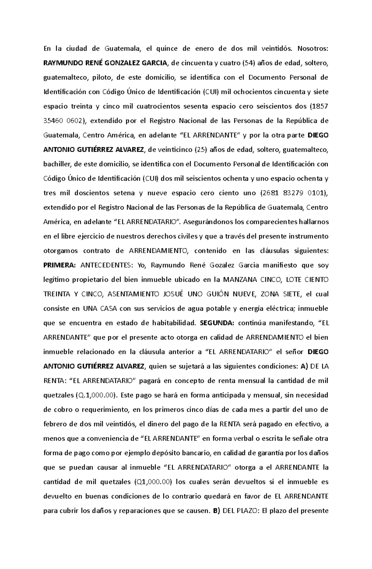 Contrato de arrendamiento a plazo definido, si prórroga en el documento ...
