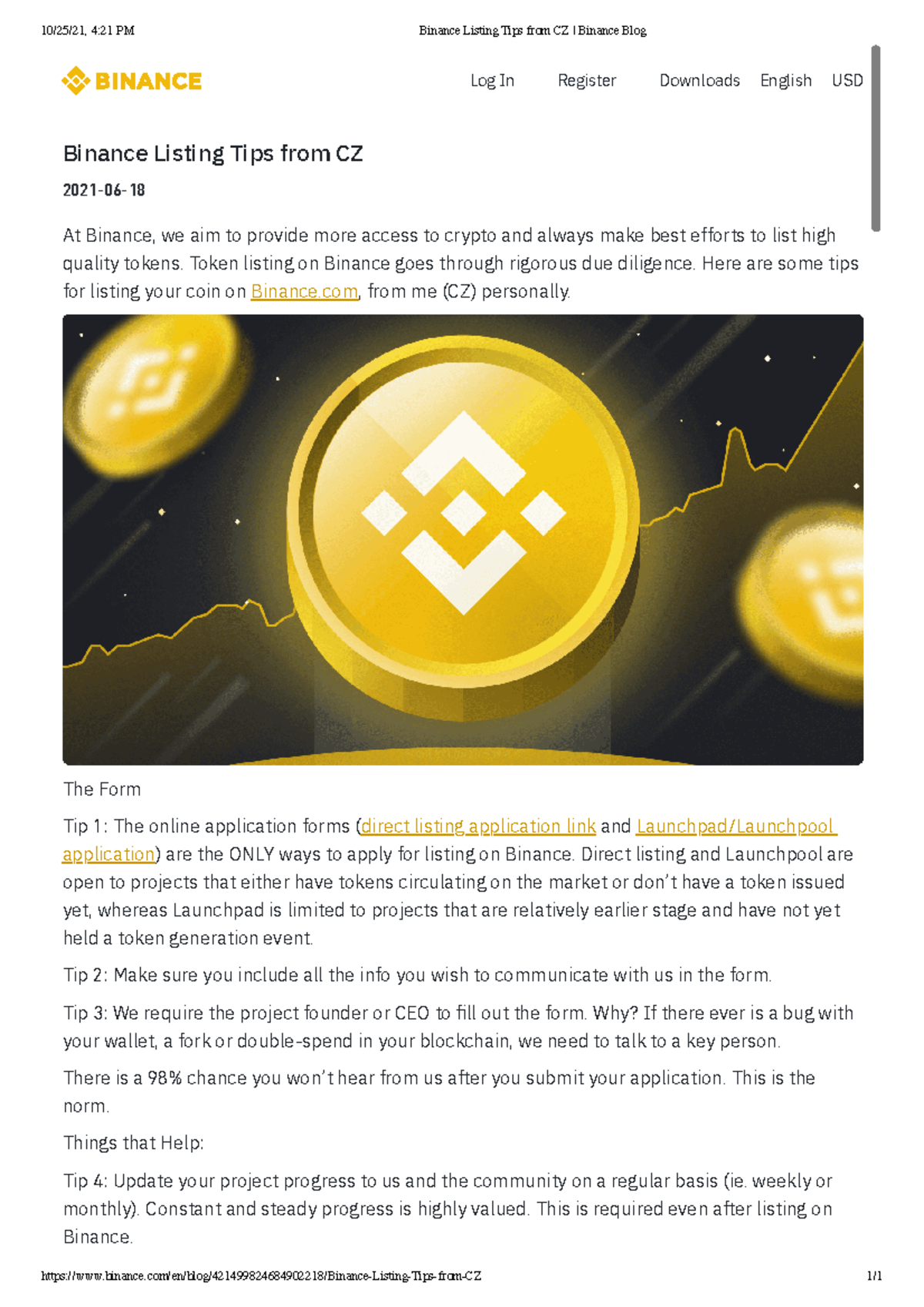 Binance Listing Tips from CZ Binance Blog - Token listing on Binance ...