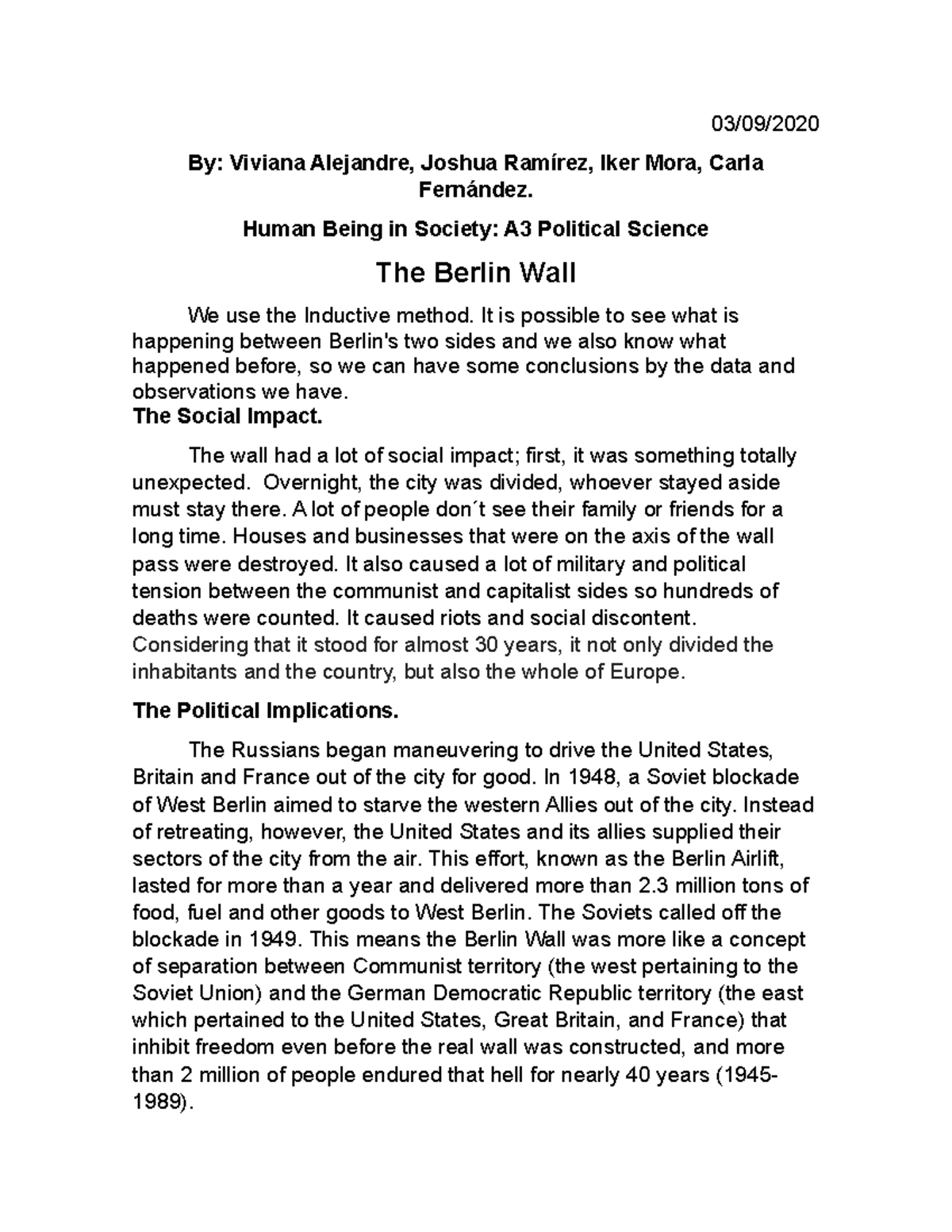 A3. Political Science. The Berlin Wall: Human Being in Society ...