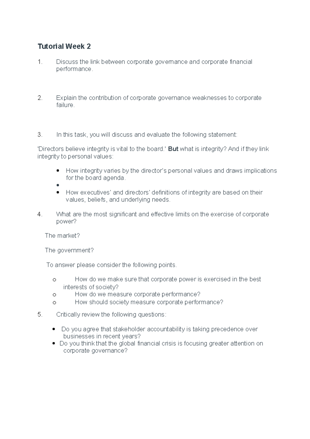 Tutorial Week 2 The Importance Of Effective Corporate Governance