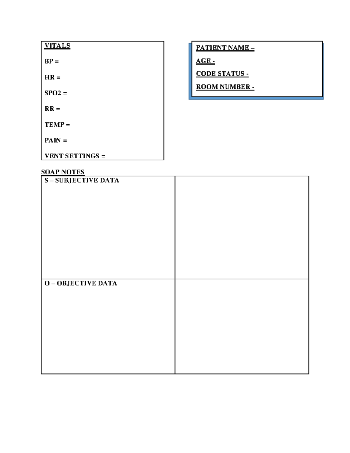 Clinical Note Sheet for Patient Assessment and Vital Signs ...