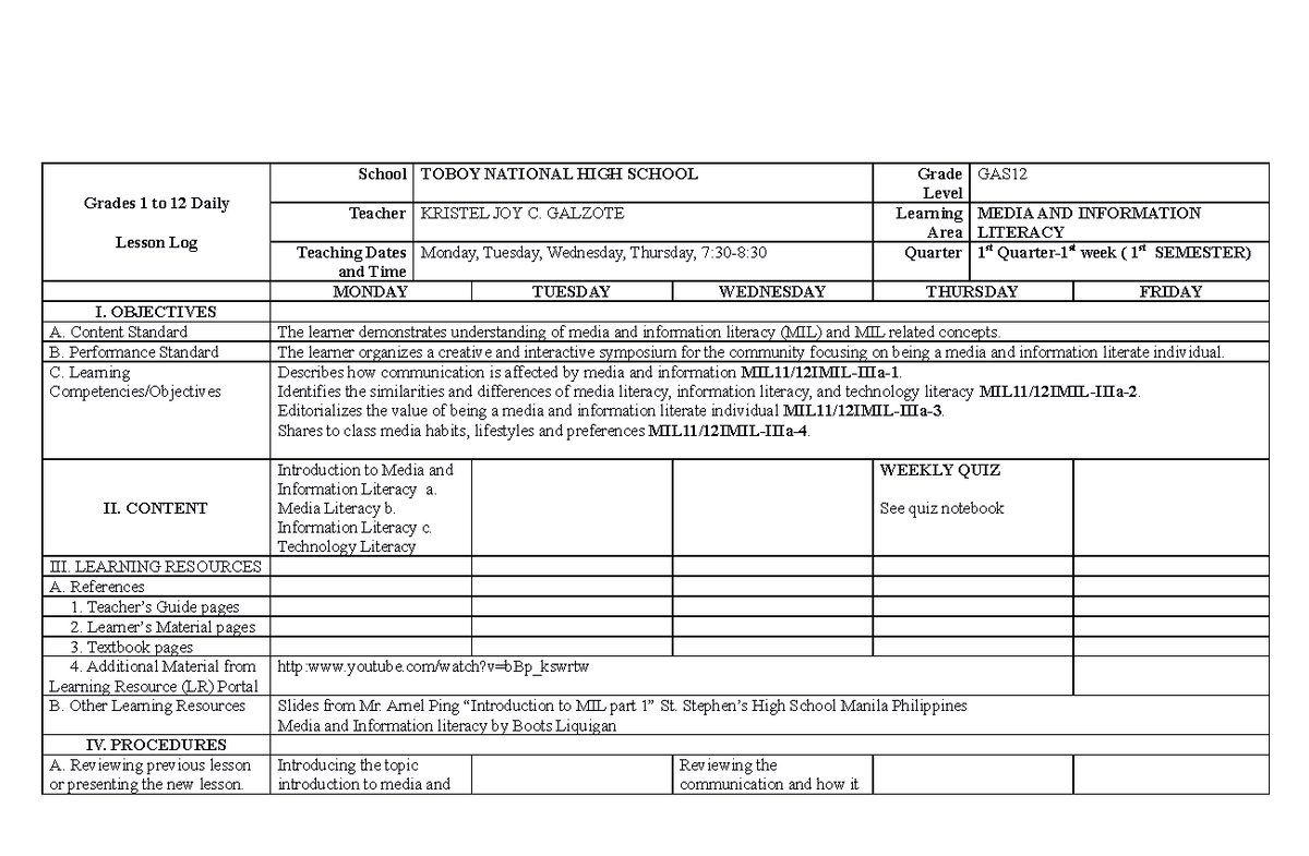 Gasdll 1stweek - DLL - Grades 1 to 12 Daily Lesson Log School TOBOY ...