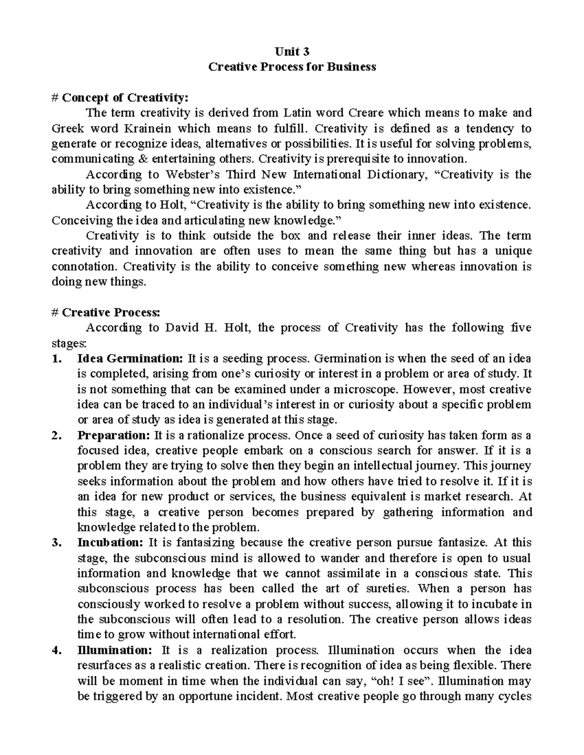 Enp Unit 3 - Ib notes - Unit 3 Creative Process for Business Concept of ...