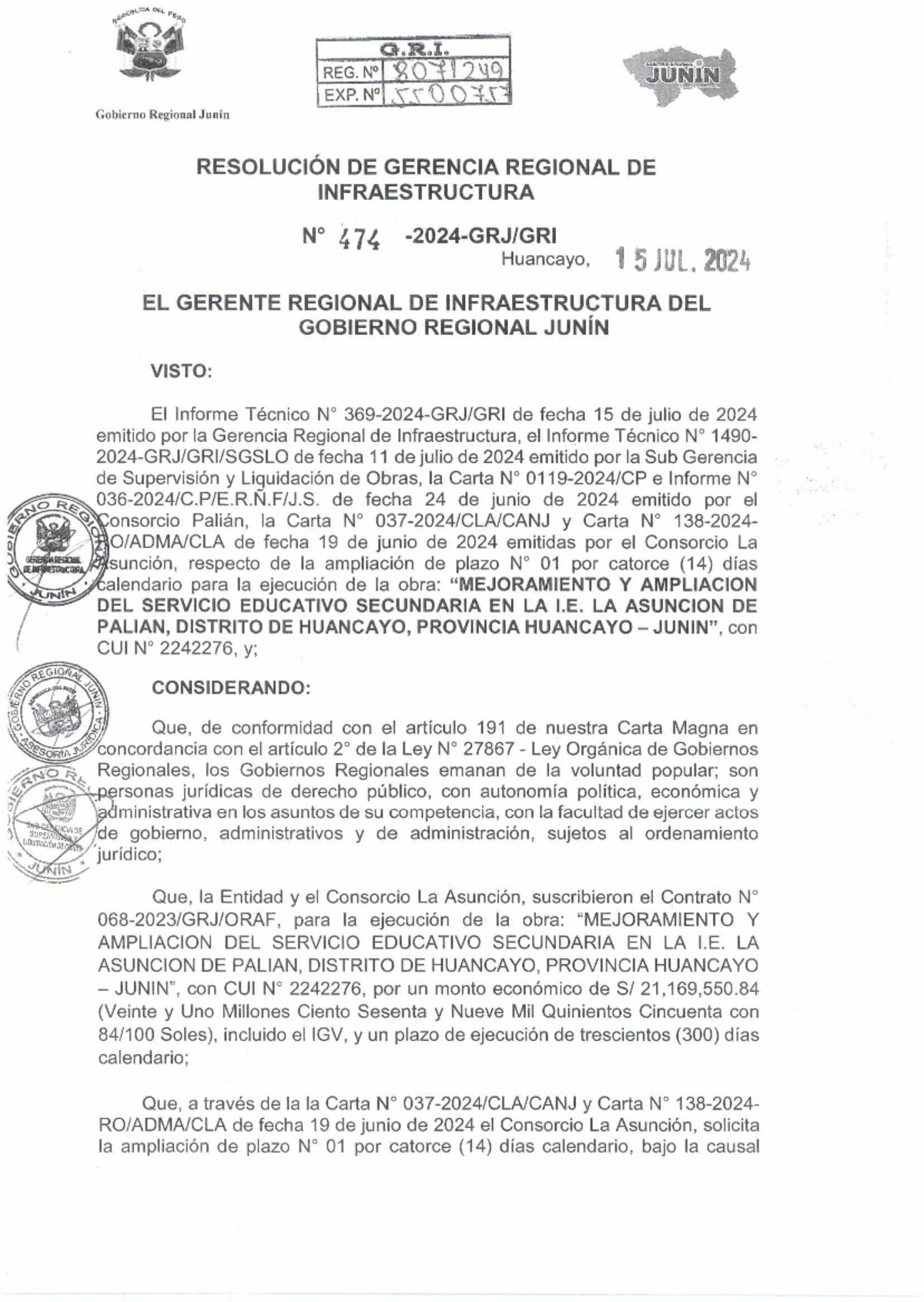 Resoluci n Gerencial Regional de Infraestructura N 474-2024-GR- Junin GRI - BRAUBLIDA DEL PERO G ...
