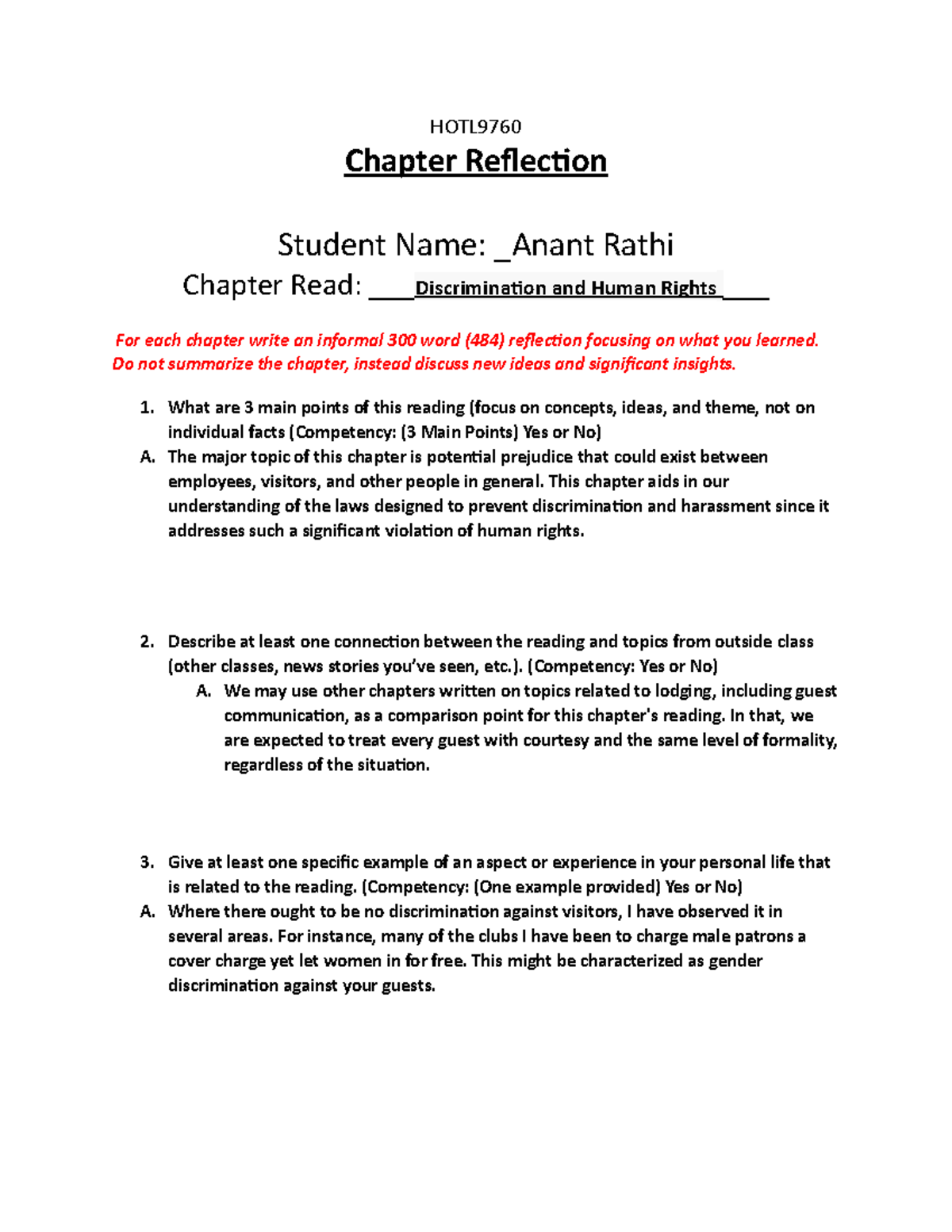 Chapter Readings Week 11 - HOTL Chapter Reflection Student Name: _Anant ...