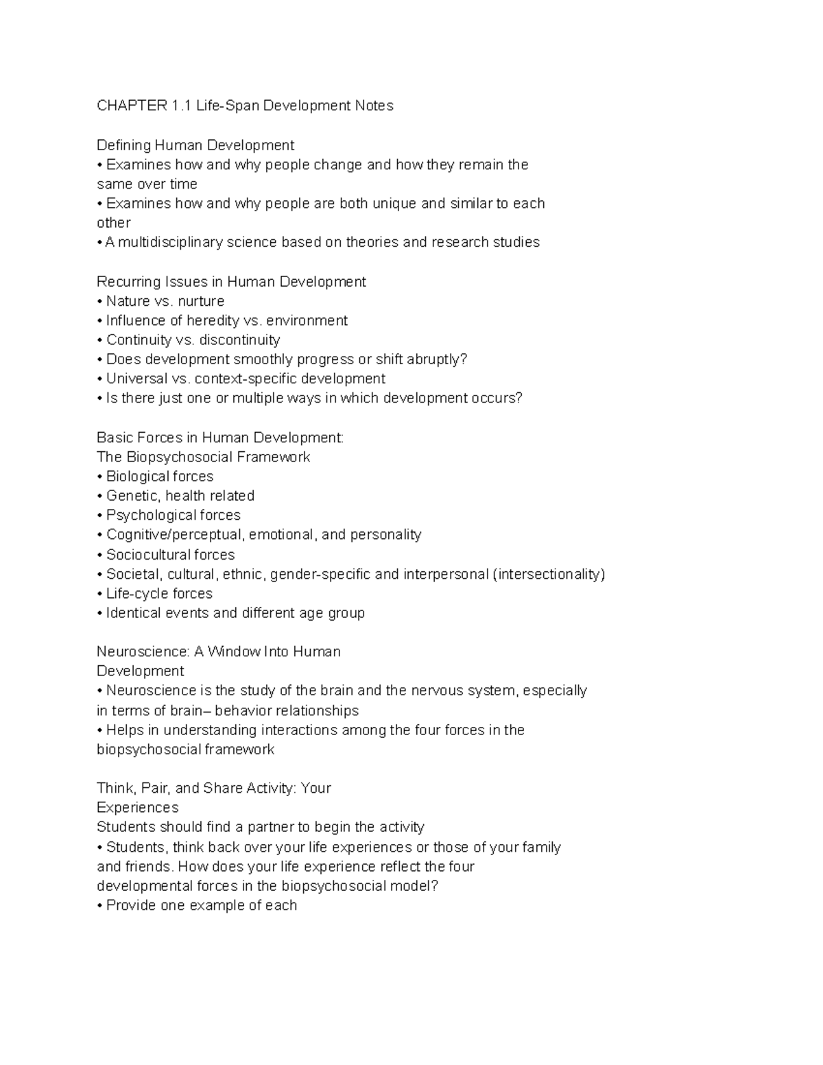 CHAPTER 1.1 Life-Span Development Notes - CHAPTER 1 Life-Span ...