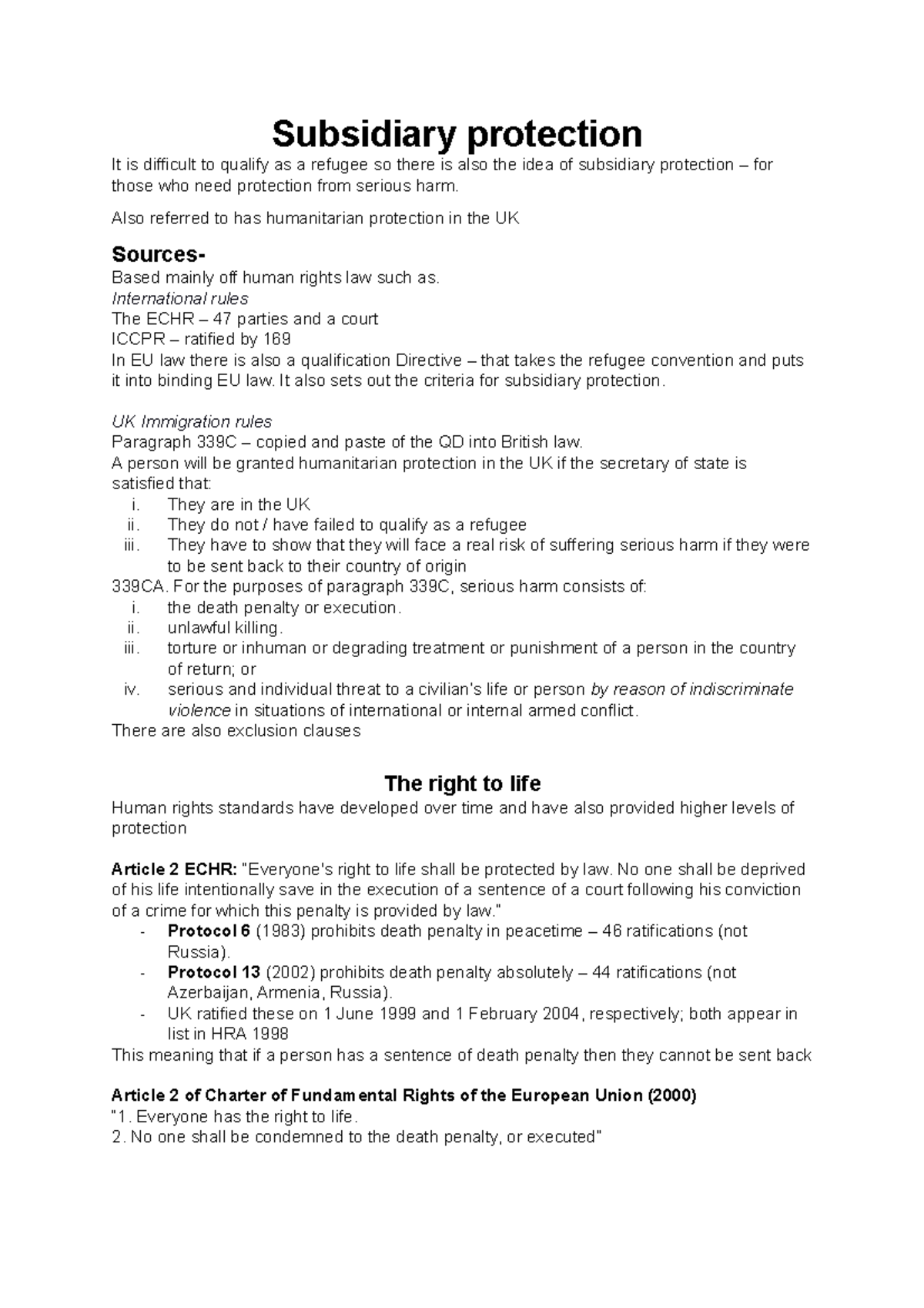 Subsidiary protection - Also referred to has humanitarian protection in ...