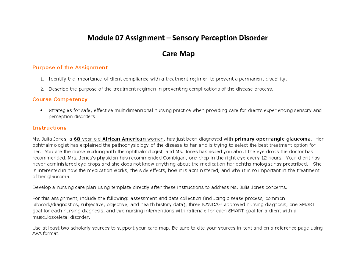 MD1 Module 7 Care Map - notes - Module 07 Assignment – Sensory ...