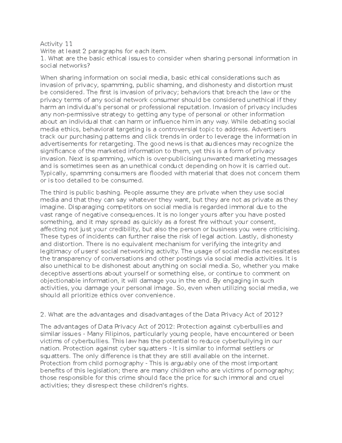 ACT 6 UTS - assignment activity 6 for uts - Activity 11 Write at least 2 paragraphs for each ...