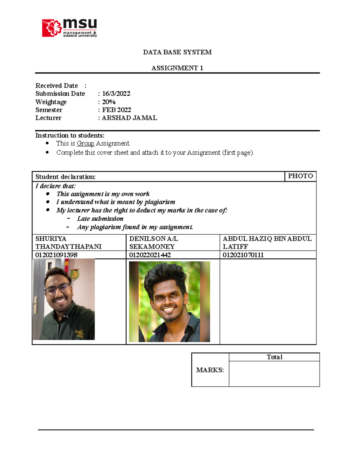 Database System Assignment 1 Data Base System Assignment 1 Received Date Submission Date 