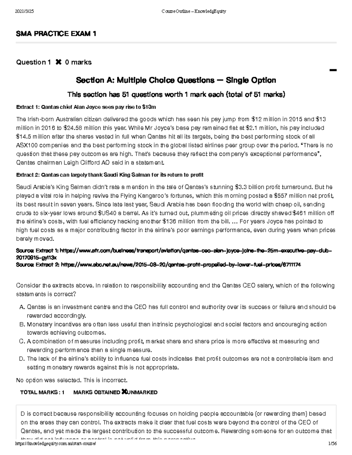 21s1 SMA Practice EXAM 1 - SMA PRACTICE EXAM 1 Question 1 0 marks ...
