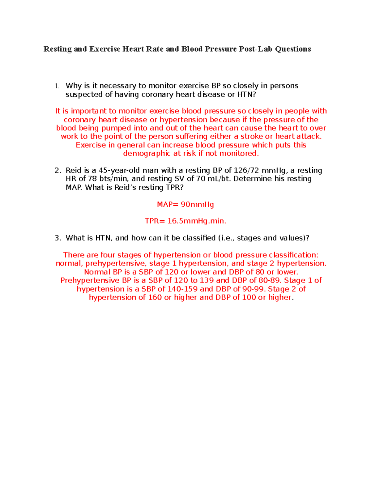 Post Lab Questions HR and BP - Resting and Exercise Heart Rate and ...