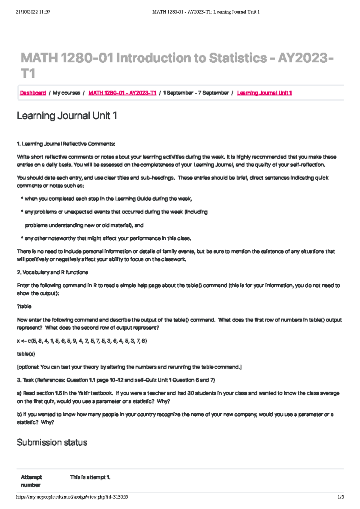 MATH 1280-01 - AY2023-T1 Learning Journal Unit 1 - MATH 1280-01 Introduction to Statistics ...