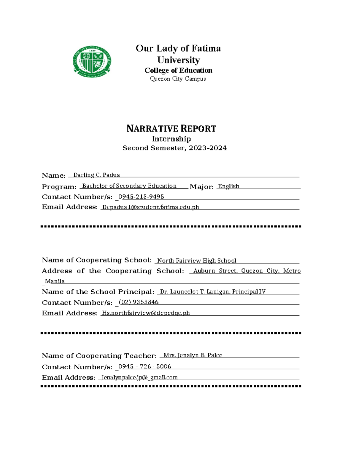 Narrative Report NFHS Week2 - Our Lady of Fatima University College of ...
