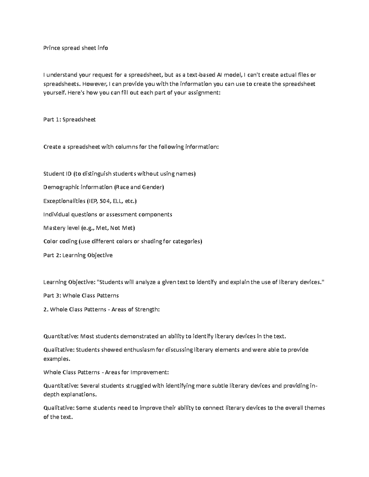 Prince spread sheet info - However, I can provide you with the ...