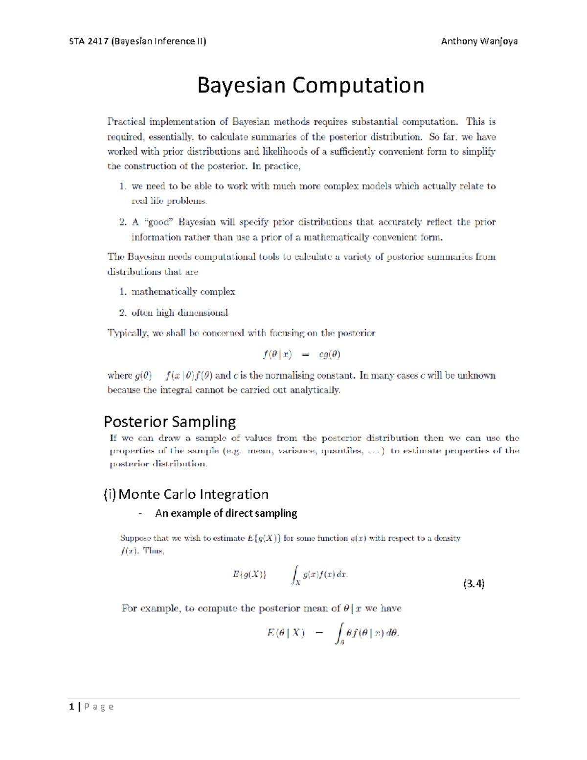 7 Bayesian Computation Statistics Bayesian Computation Posterior