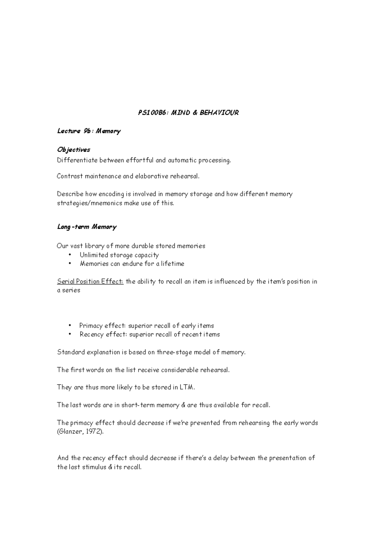 Completed handout for lecture 10b Ian - Memory - PS10086: MIND & BEHAVIOUR Lecture 9b: Memory ...