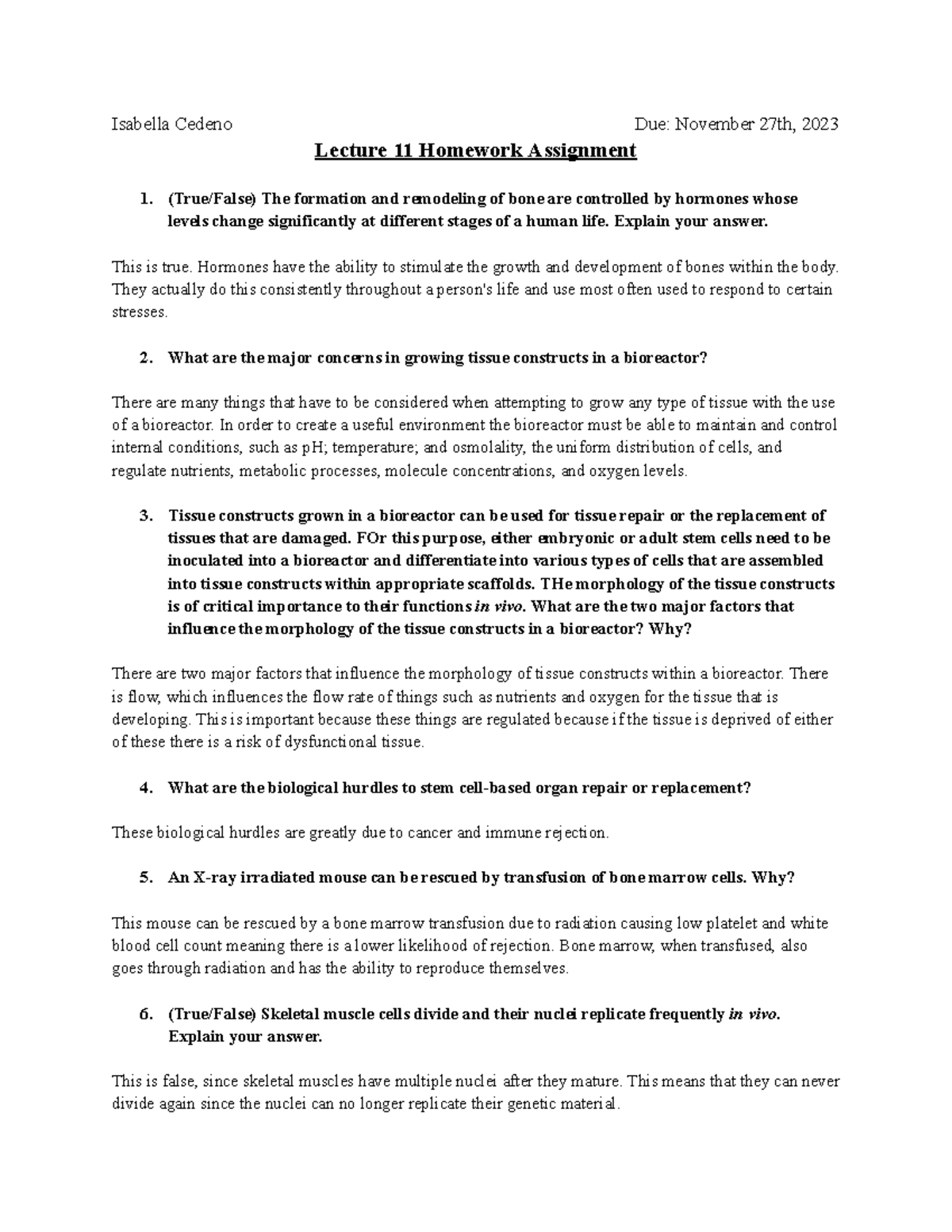 BME 201 Lecture 11 Assignment - Isabella Cedeno Due: November 27th, 2023 Lecture 11 Homework ...