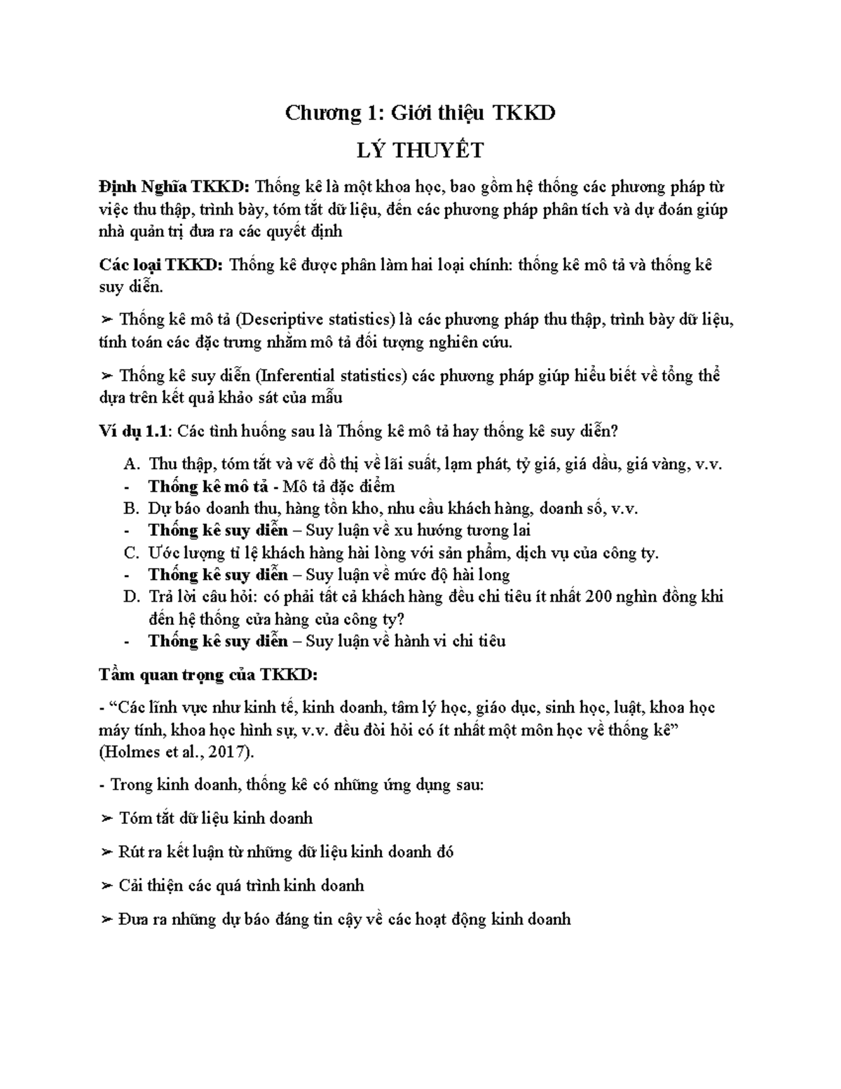 Ôn tập chương 1 + chương 2 môn thống kê kinh doanh - Chương 1: Giới ...