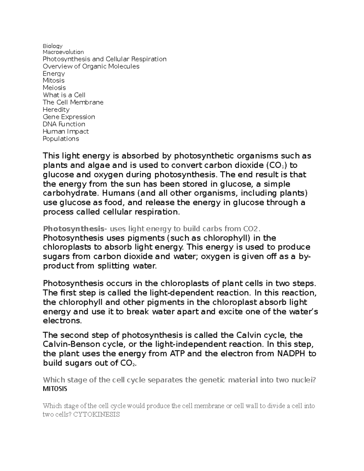 Biology - notes - Biology Macroevolution Photosynthesis and Cellular ...