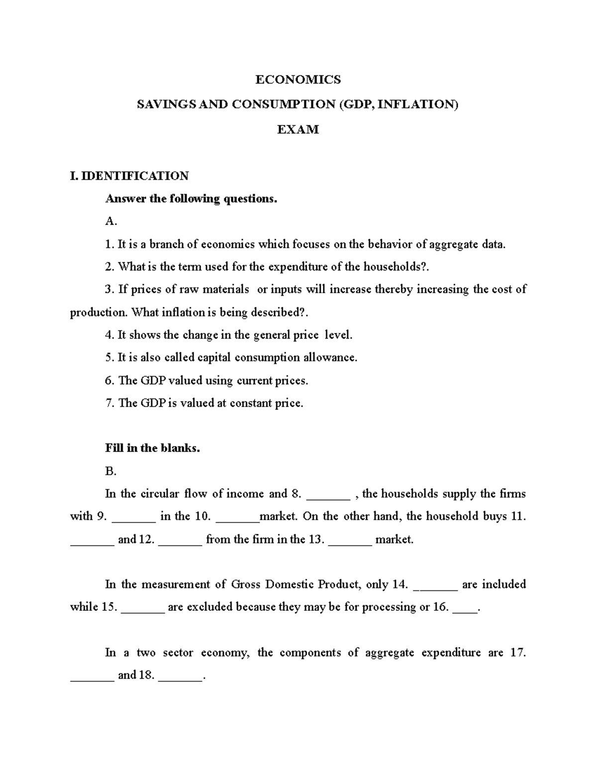 Savings AND Consumption (GDP, Inflation...) EXAM - ECONOMICS SAVINGS ...