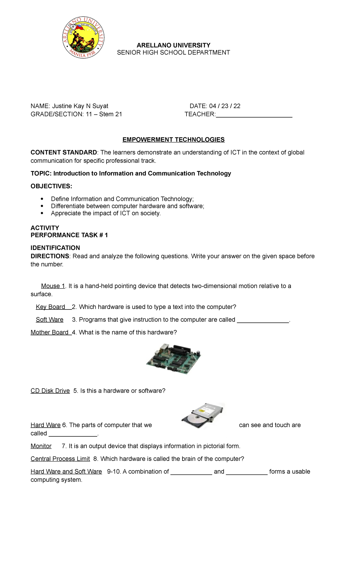 ET Activity - asdasdadasda - ARELLANO UNIVERSITY SENIOR HIGH SCHOOL ...